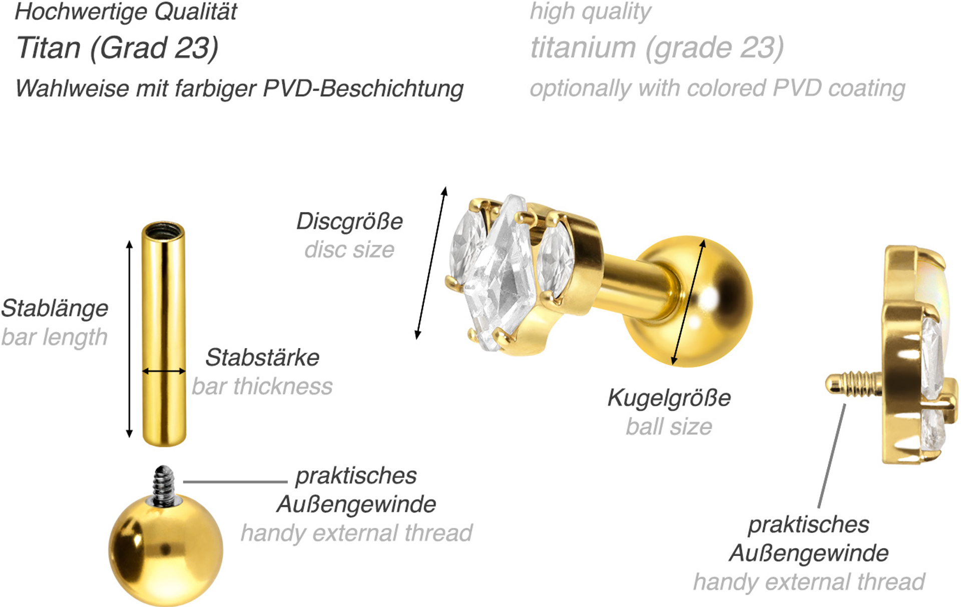 Titanium Ear Piercing with Internal Thread CRYSTAL SHIELD + CRYSTAL OVALS